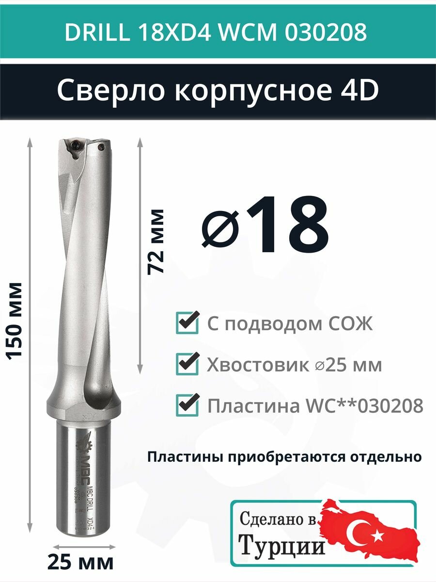DRILL 18XD4 WCM 030208 сверло корпусное - 18 мм / пластина WCMX 030208; WCMT 030208