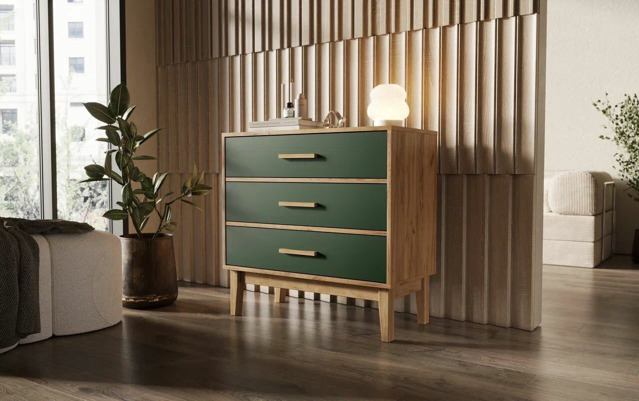 Кельн Комод 3 ящика 80 см. Изумрудный, Дуб Крафт
