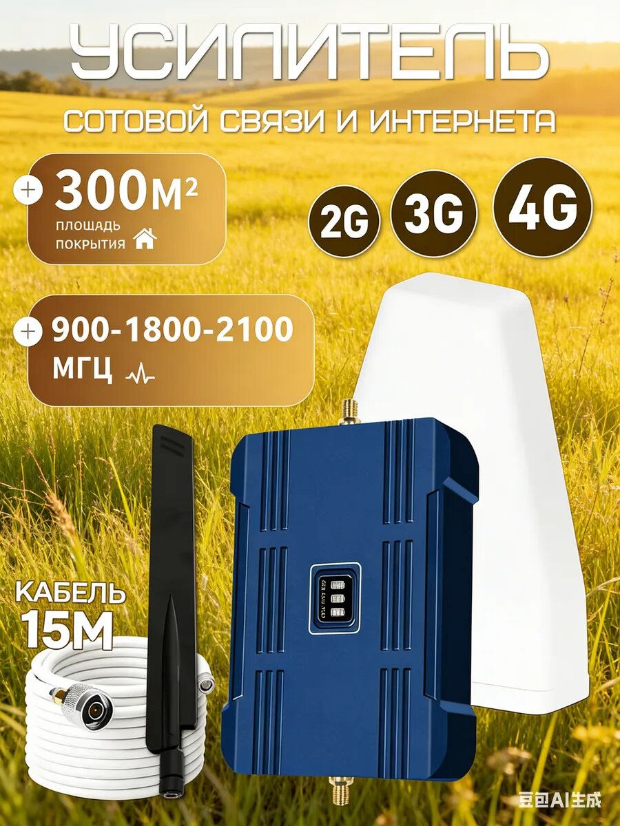 Усилитель сотовой связи 900/1800/2100 МГц (2G/3G/4G): до 70 км, направленный, синий, 1.3 кг