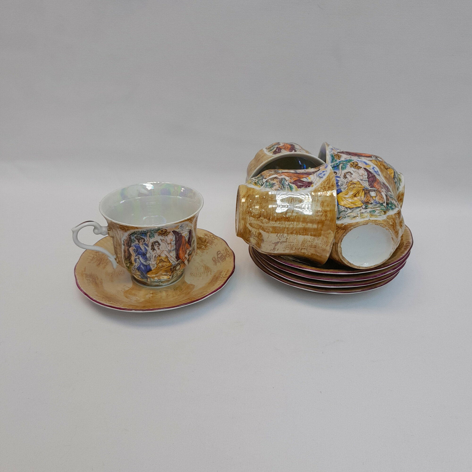 Набор чайных пар 5 шт, фарфор, деколь, 200 мл. Винтаж, СССР.