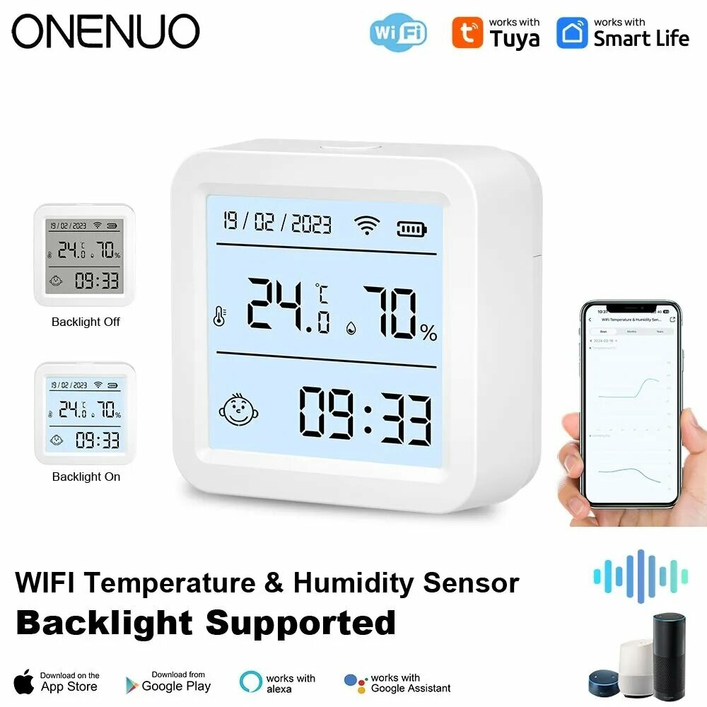 Tuya WIFI Smart Датчик температуры влажности гигрометр термометр с подсветкой Smart Life Support Alexa Google Assistant