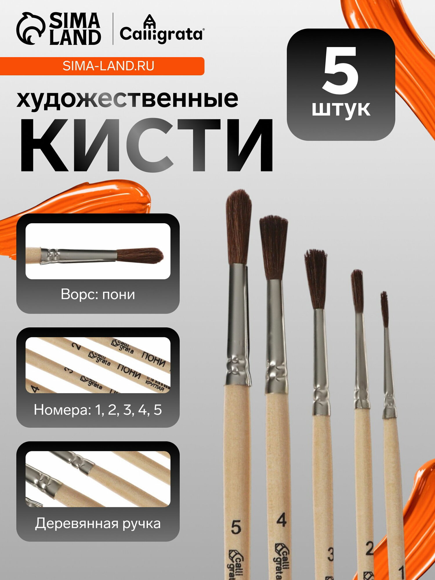 Набор кистей для рисования, пони, 5 штук: № 1, 2, 3, 4, 5, круглые, деревянная ручка, в пакете