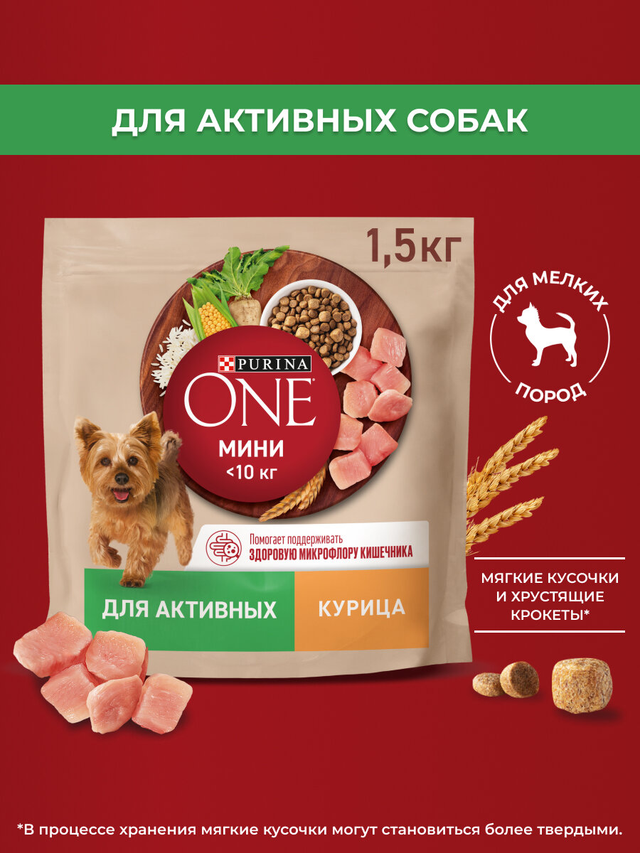 Сухой корм Purina ONE® мини для активных собак мелких пород с курицей и рисом, 1.5 кг