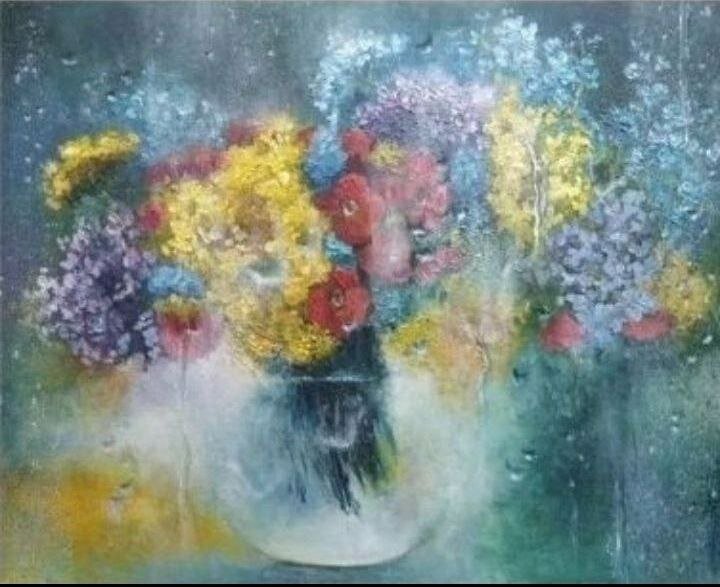 Картина "Букет за мокрым стеклом", масло, холст, картон, 35х45 см
