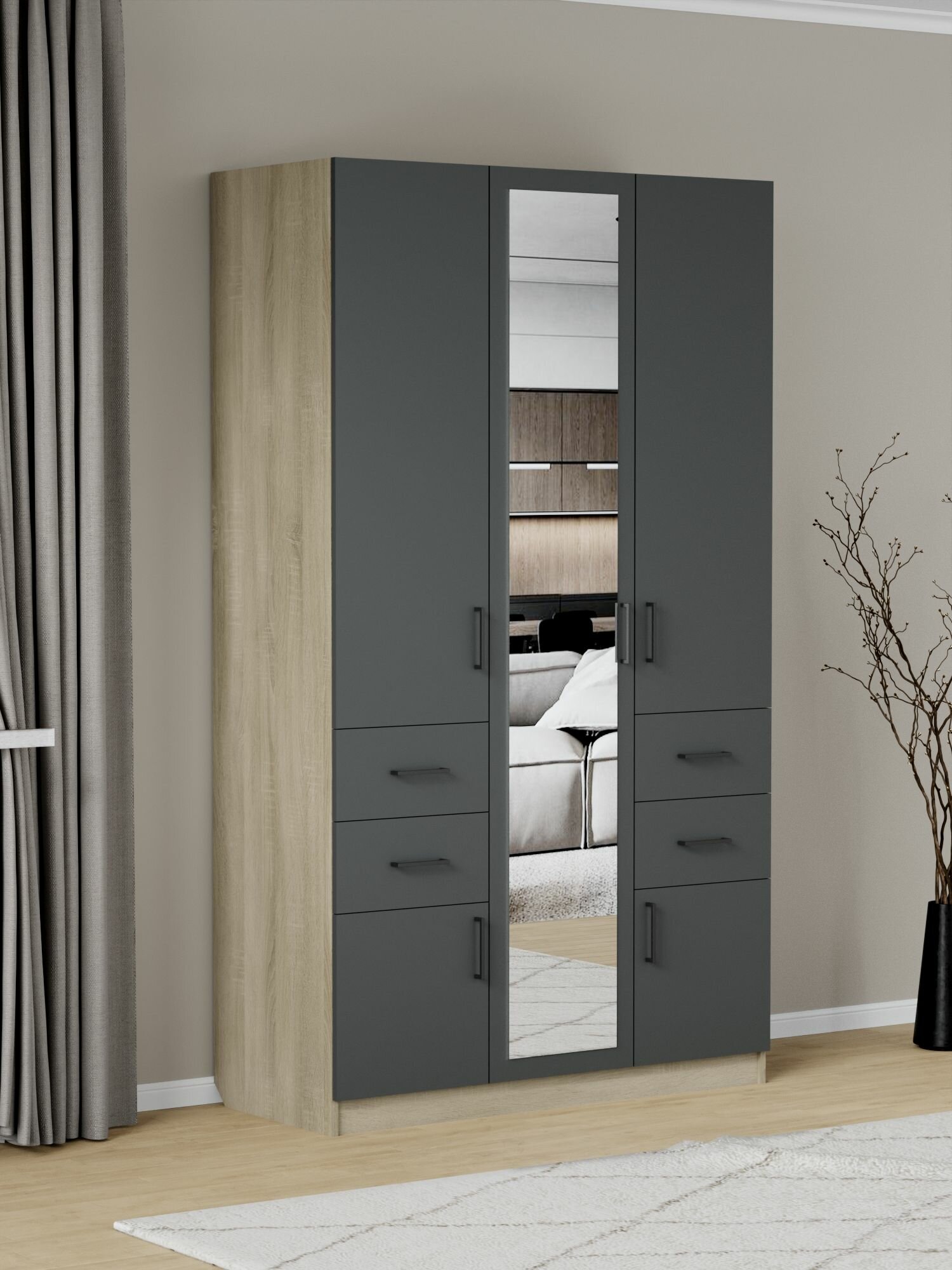 InHouse Шкаф распашной ШК-3/4 Сонома/Антрацит 120х52х210, фасады ЛДСП