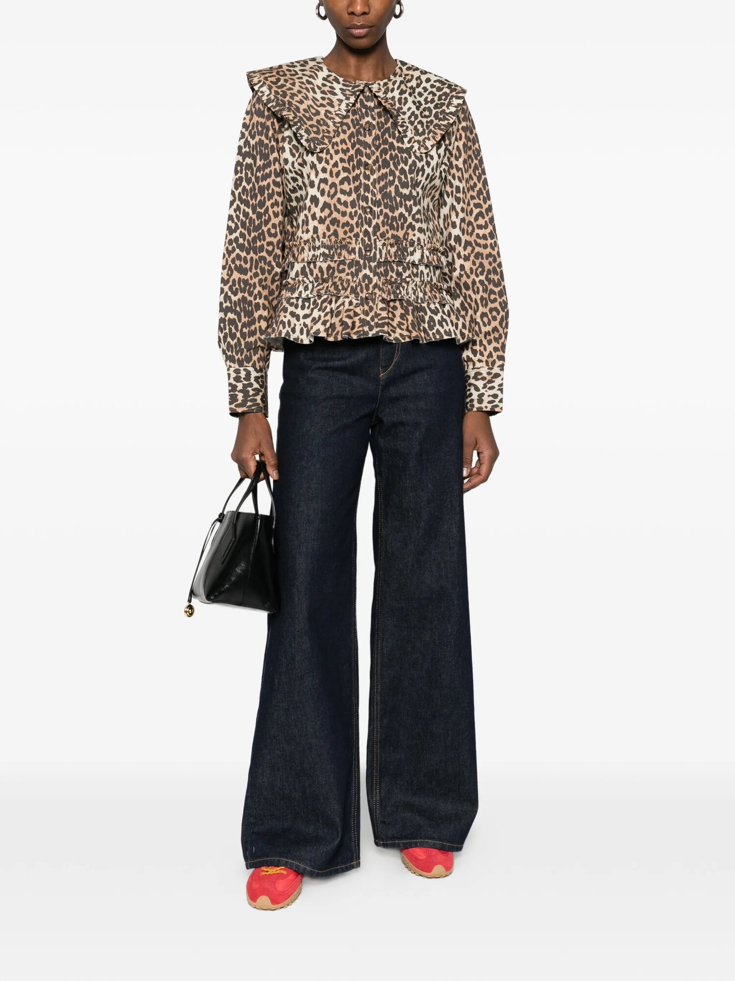 Рубашка GANNI Ruffled leopard-print shirt, размер 36, коричневый — фото 1