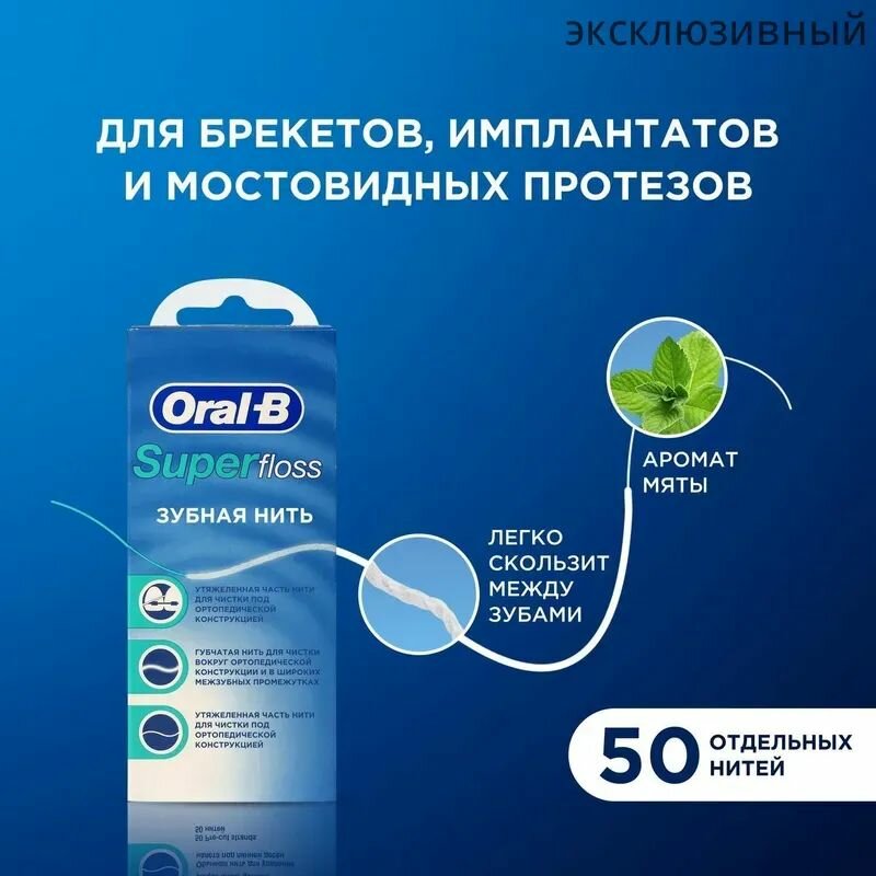 Зубная нить Super floss д/брек, имплант, мост. протезов мятн.50м