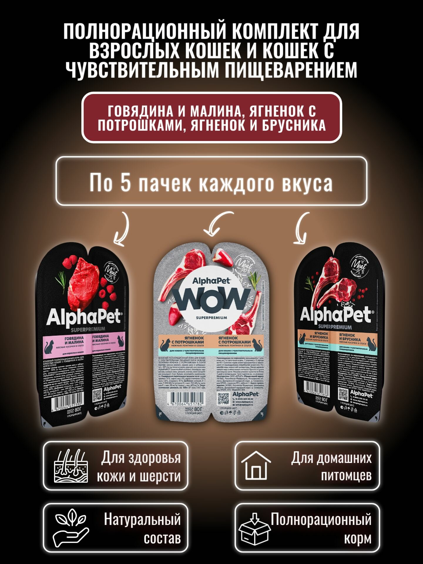 AlphaPet Superpremium / Комплект для взрослых кошек и котов и кошек с чувствительным пищеварением, 3 вкуса (Говядина, Ягнёнок), 15 шт