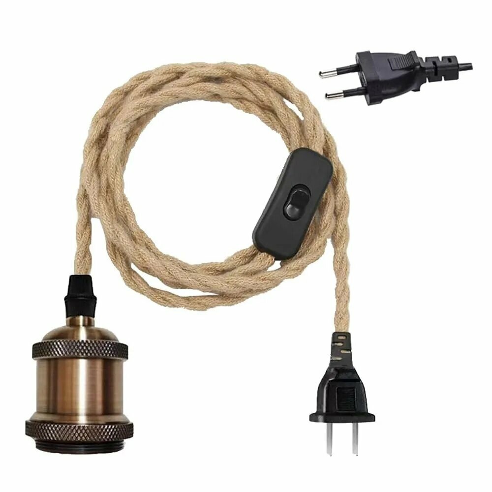 Ретро подвесная лампа с пеньковым канатом, патрон E27, регулируемый текстильный кабель с вилкой и выключателем, для кухни, стола, бара, спальни