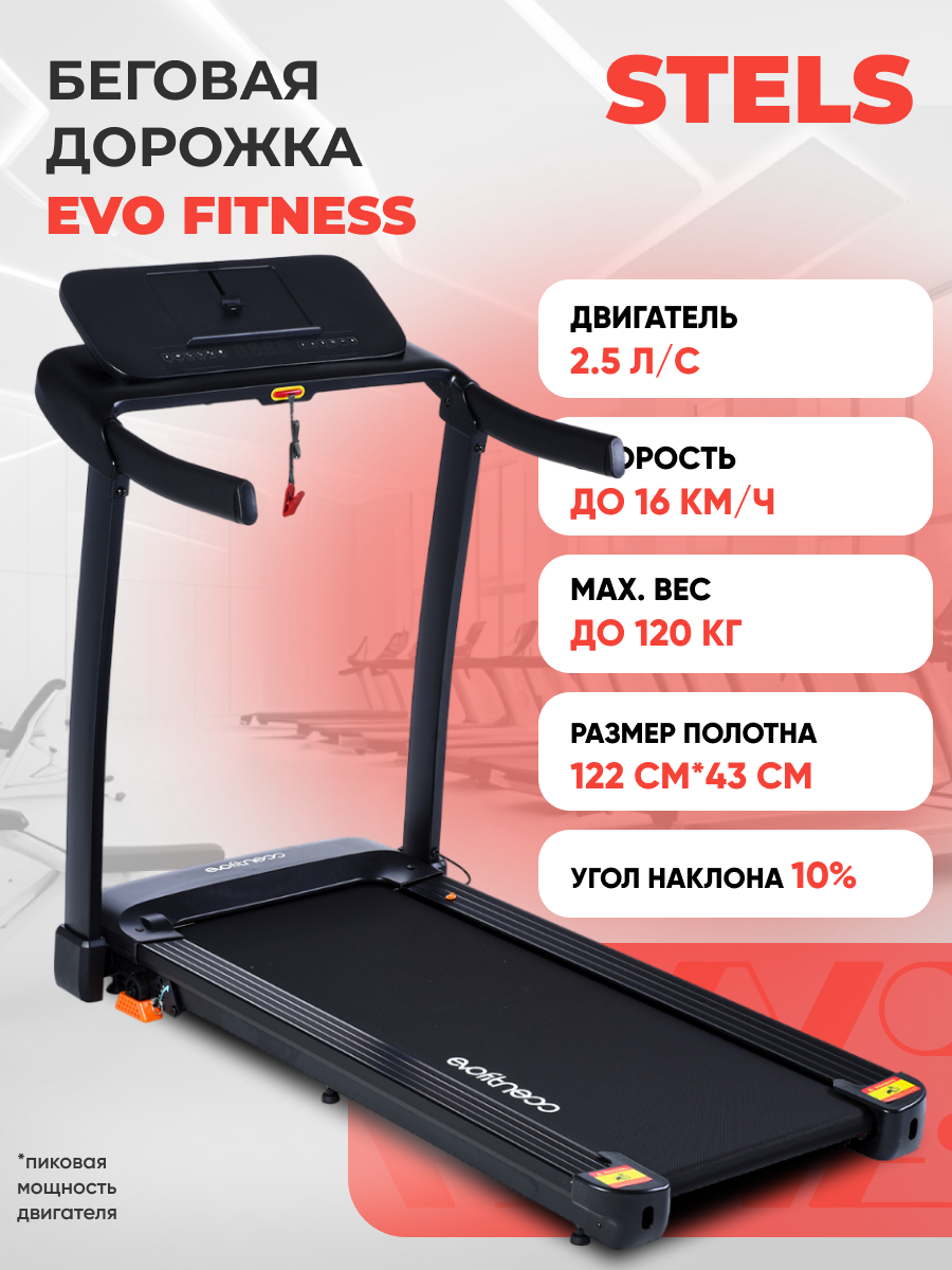 Беговая дорожка EVO FITNESS Stels black, электрическая, угол наклона, черная