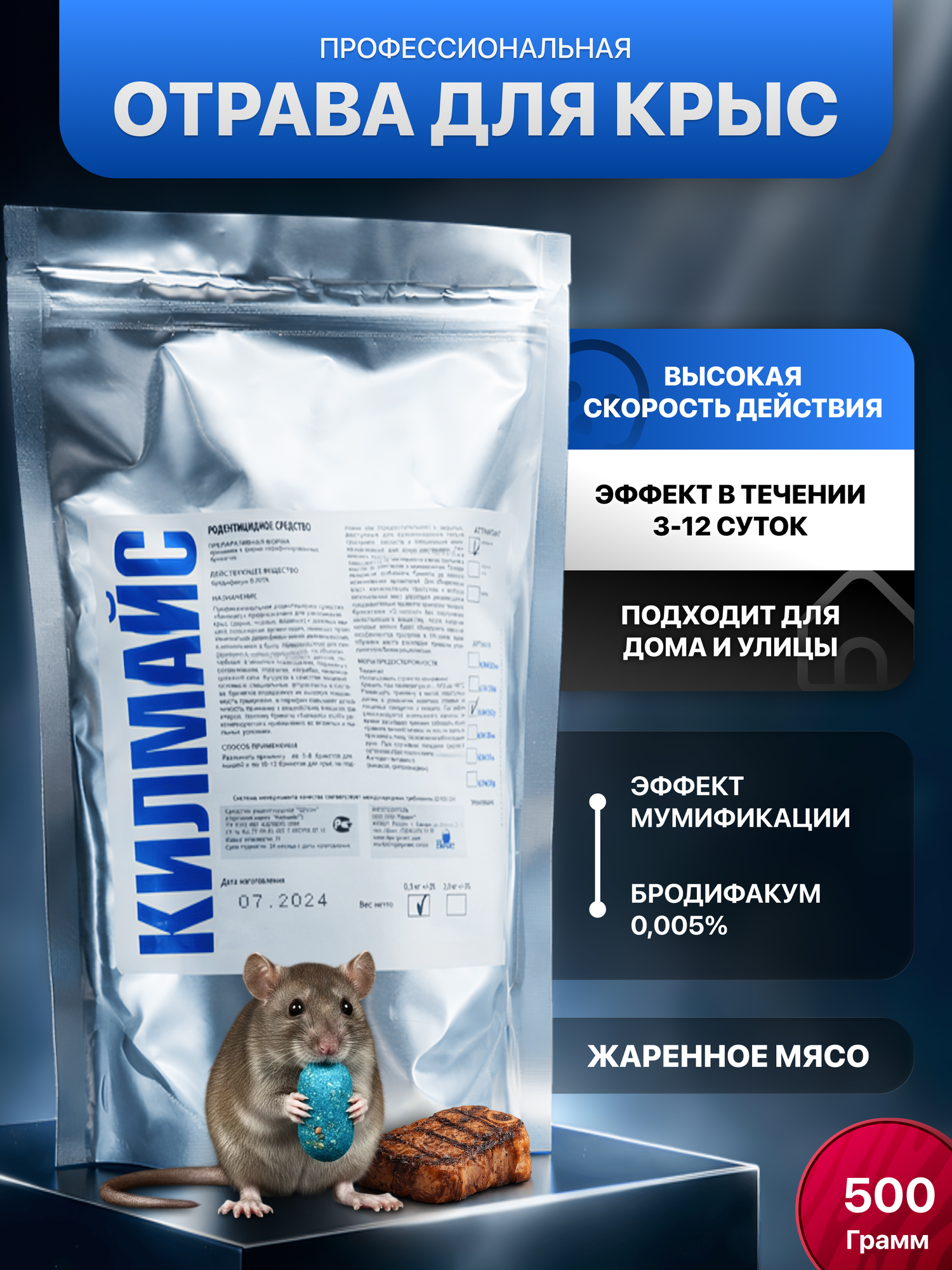 Средство от крыс Килмайс твердые брикеты 500г, отрава от грызунов (Жаренное мясо)