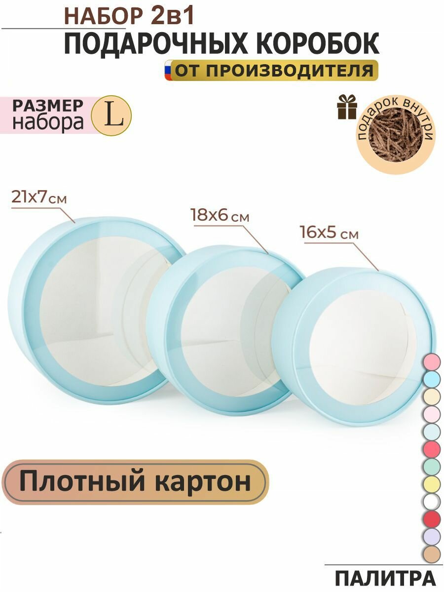 Круглая подарочная коробка с прозрачным окном с наполнителем для зефира и подарка, 3в1, светло-голубая, набор 3шт: 21х7 - 1шт, 18х6см - 1шт, 16х5см - 1шт