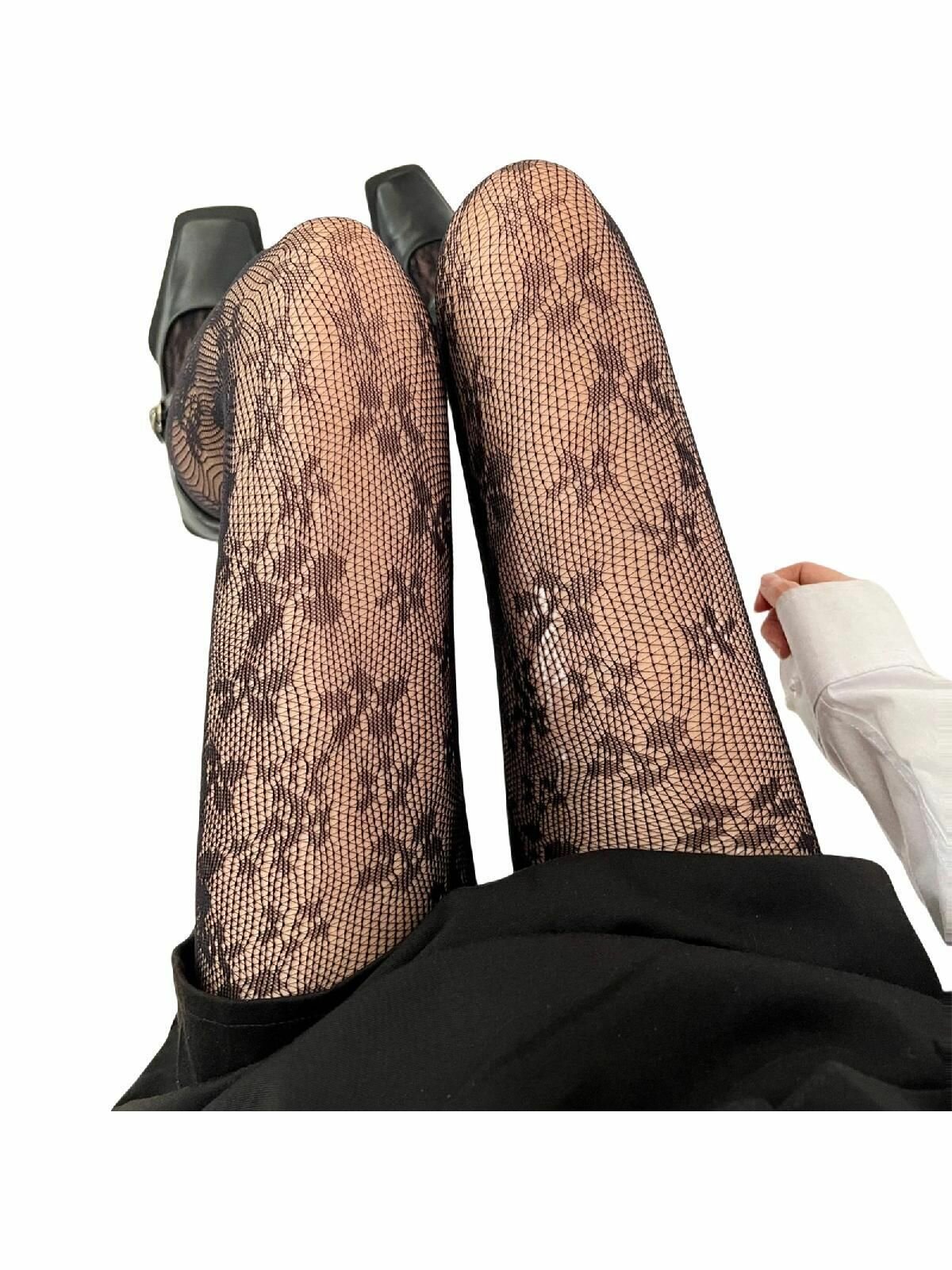 Разноцветные сетчатые колготки с узором из маленьких цветов, Черный