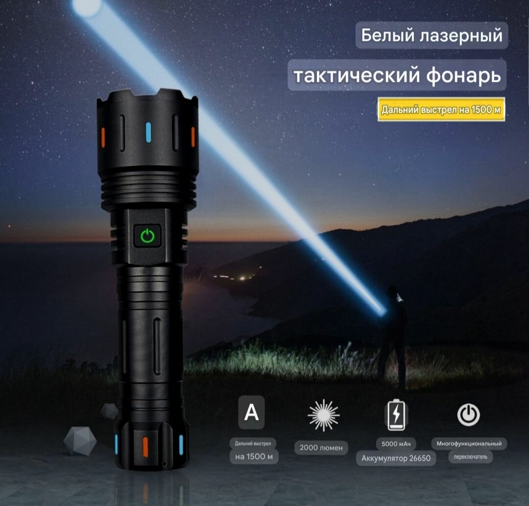 Хит 2026 фонарь, 30w реальная дальность 1500м, перезаряжаемый USB, АКБ 5000мА