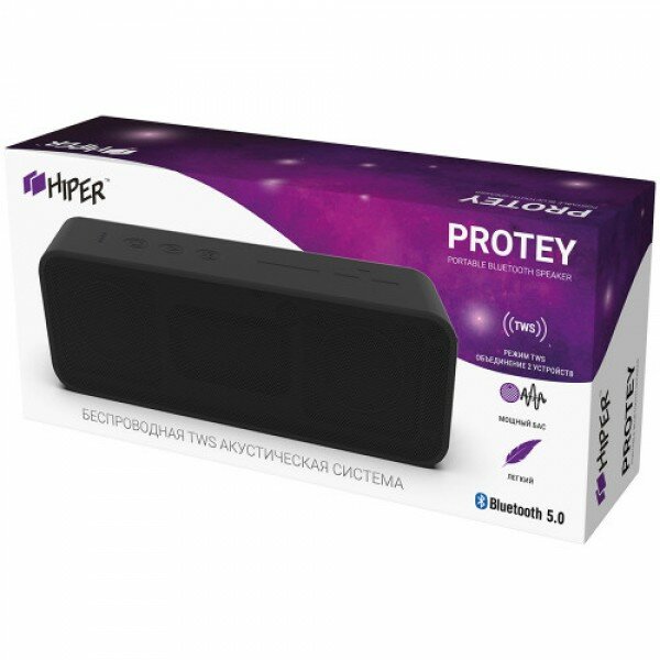 Активная акустическая система HIPER PROTEY Black H-TS3, 10 ВТ,130 Гц - 18 кГц,2200 мАч, BT 5,0, Hands-free, Type C