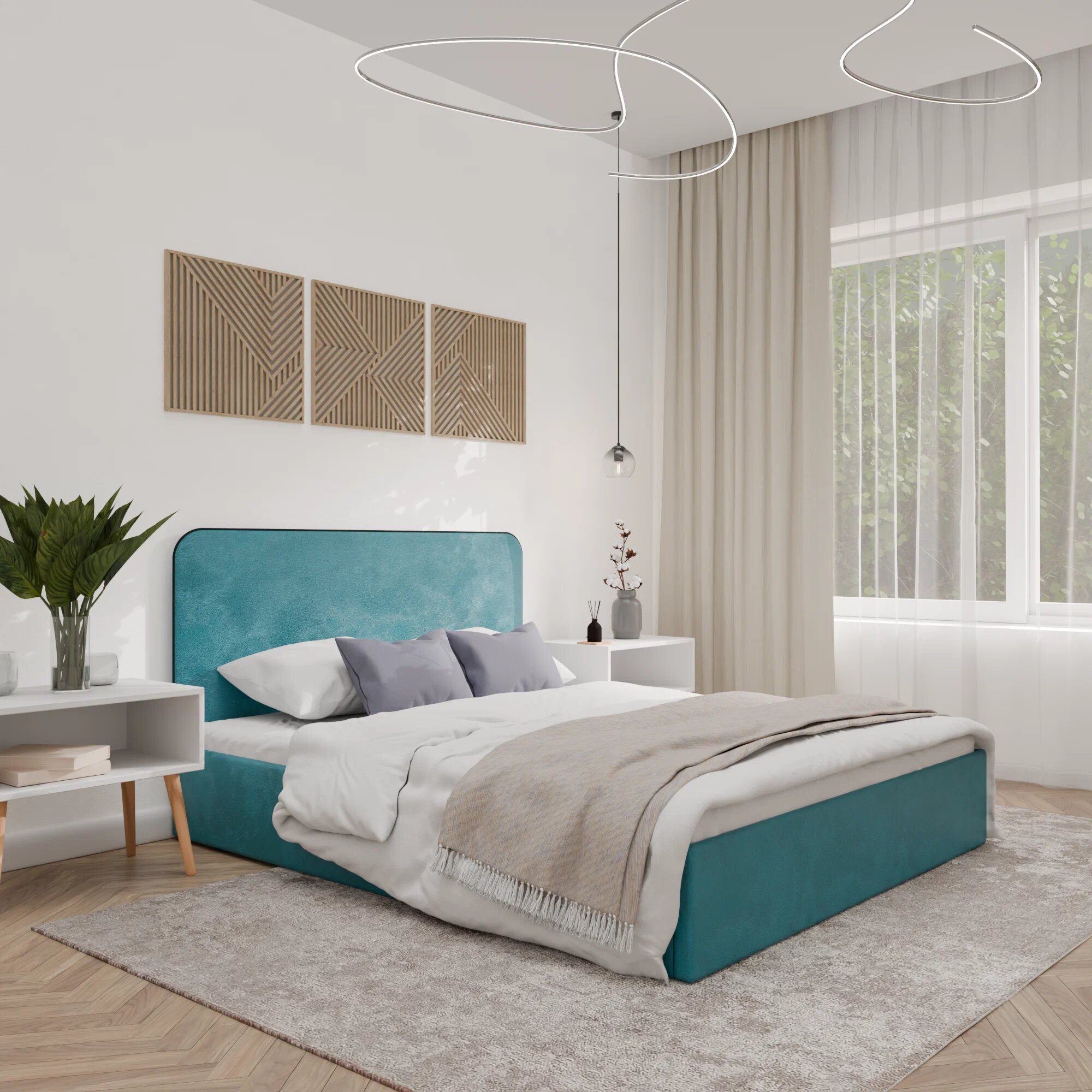 Кровать Абстракт Элит с настилом, 140х200, без ножек, бирюзовый, с черным кантом