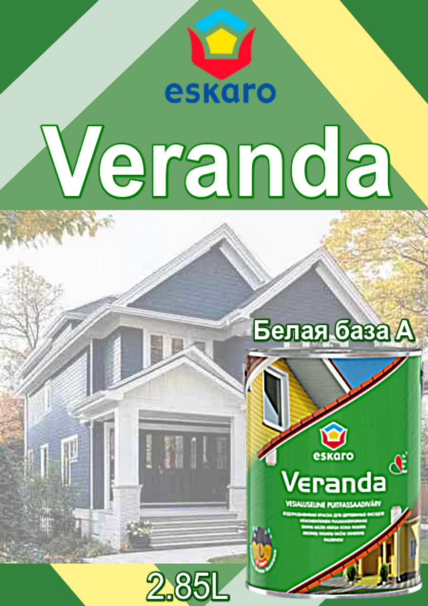 Водоразбавимая краска для деревянных фасадов Eskaro Veranda, база А, 2,85л.