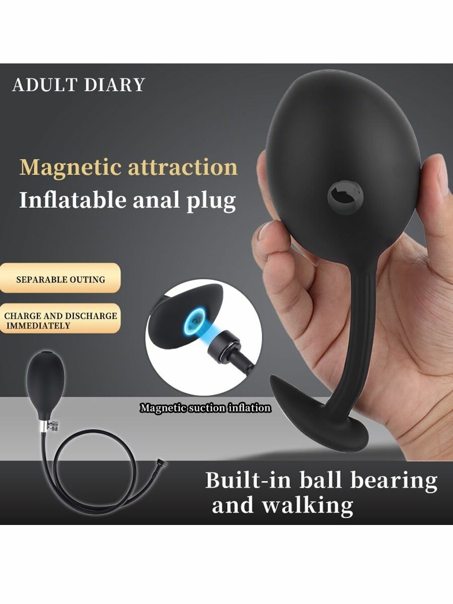 Надувная анальная пробка-расширитель с грушей и со смещенным центром тяжести, для ношения, 15см