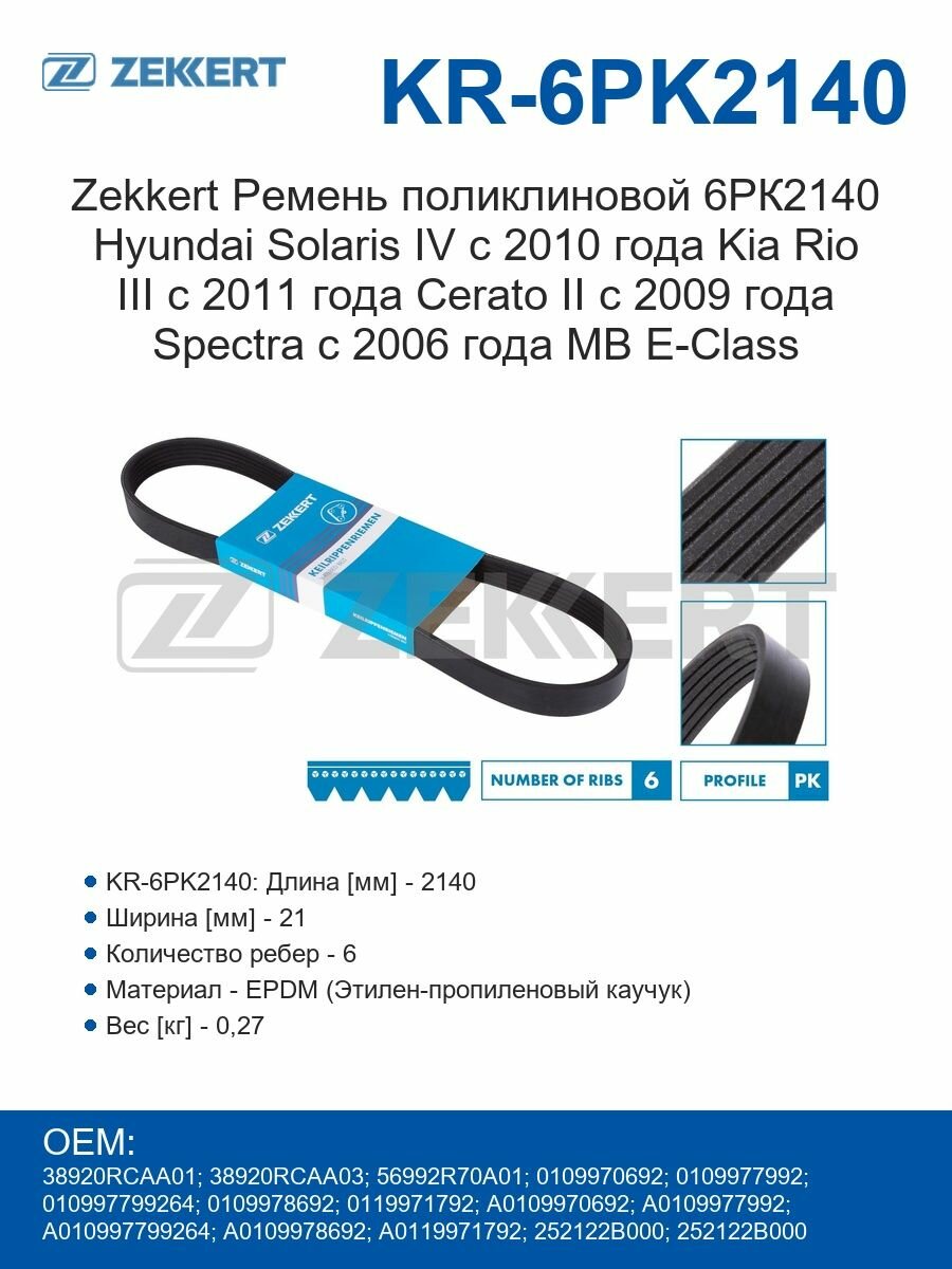 Zekkert Ремень поликлиновой 6РК2140 Hyundai Solaris IV с 2010 года Kia Rio III с 2011 года Cerato II с 2009 года Spectra с 2006 года MB E-Class