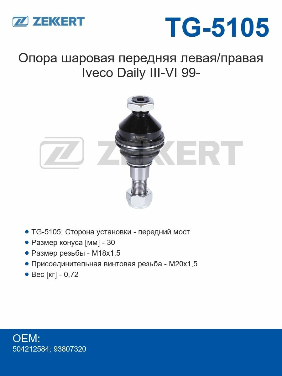 Zekkert Опора шаровая передняя левая/правая Iveco Daily III-VI 99-