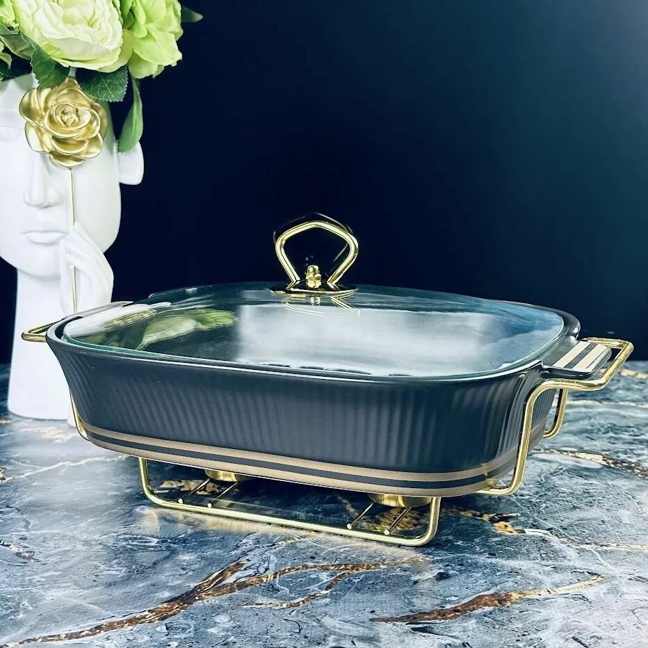 Мармит с подогревом от свечи фарфоровый на металлической подставке с крышкой Эллада настольный, 33х12х23см