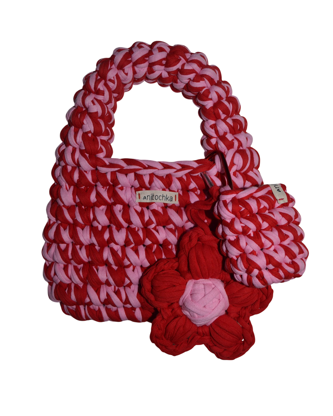 Сумка багет  anitochka.shop, с брелком-цветком и чехлом для наушников, 25×20 см, красный/розовый