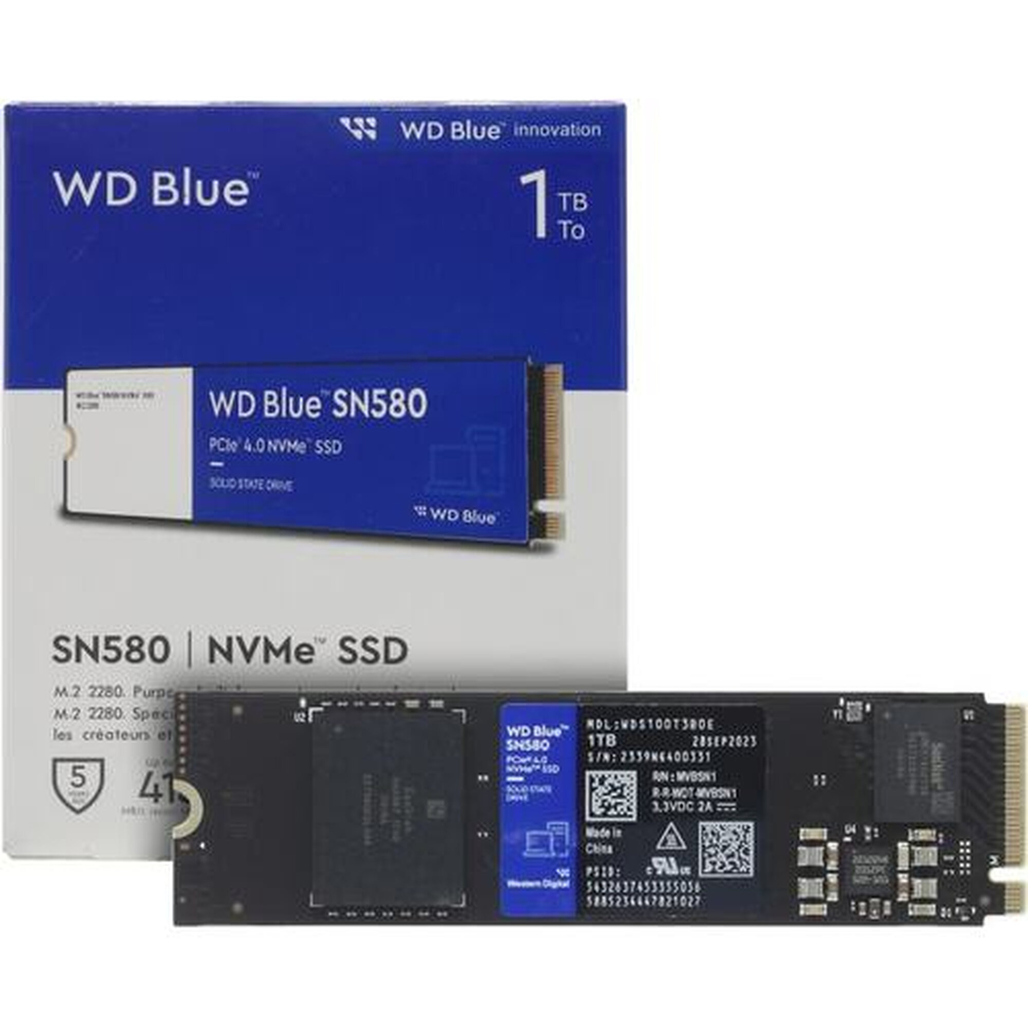 Жесткий диск SSD M.2 1Tb Western Digital BLUE SN580, 4150/4150MBs, 750000 IOPS, TLC 3D NAND, PCI-E3.0x4 (WDS100T3B0E)