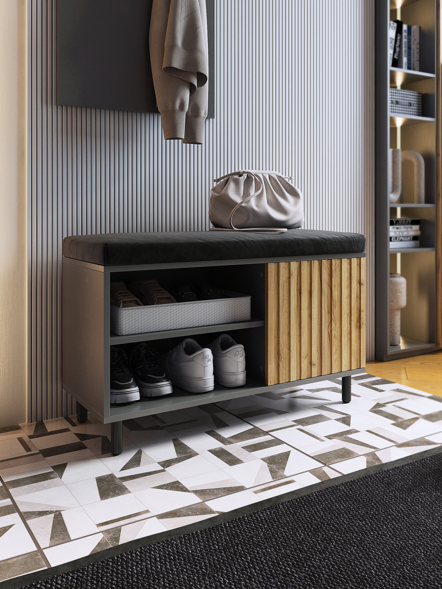 Обувница с рейками Мебельно "Топ Вельвет 3", фасад МДФ, ЛДСП, 4 отделения, графит, дуб крафт