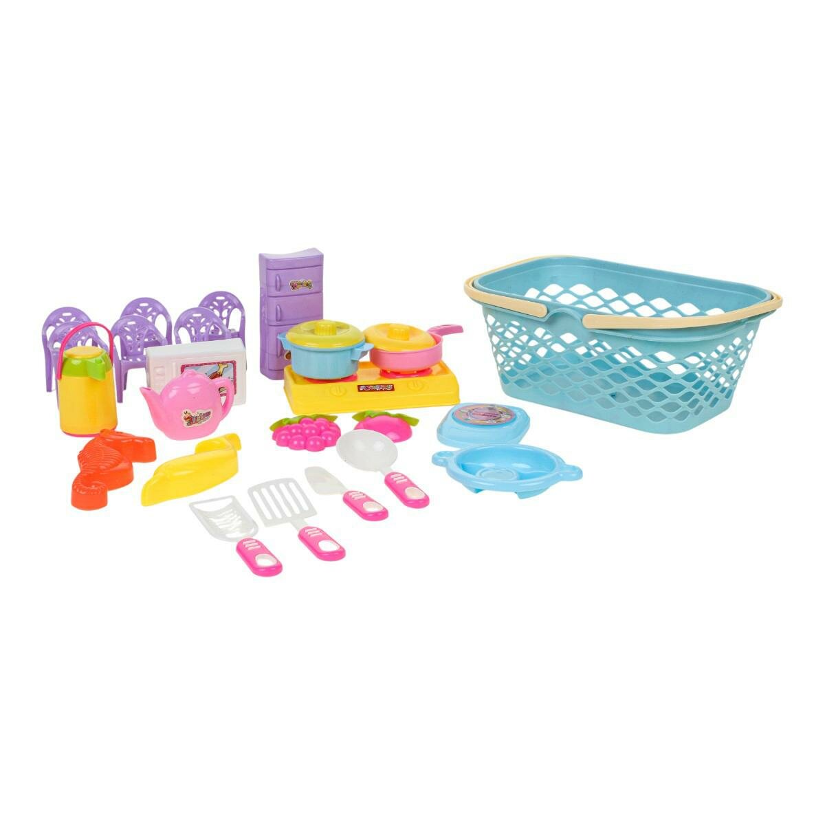 Набор детской посуды для кукол, 25 предметов в корзине, пластик, разноцветный принт, 3+