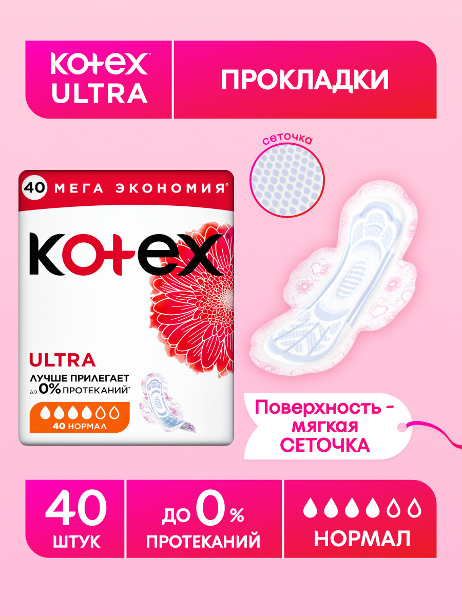 Прокладки женские гигиенические Kotex Ultra Нормал, 40 шт