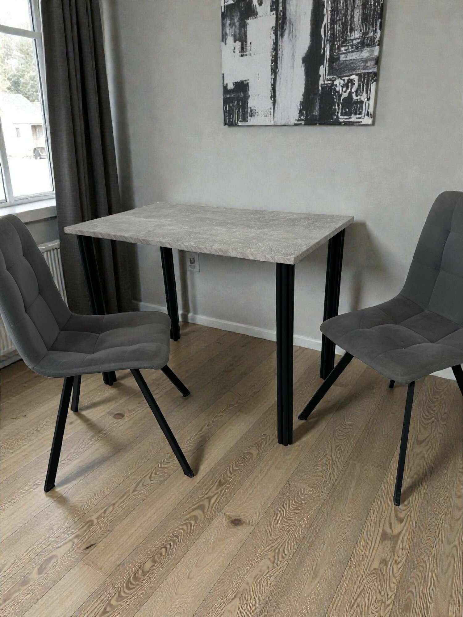 Дизайнерский стол обеденный/ цвет Бетон Светлый, 100*60 см. Ножки черные.