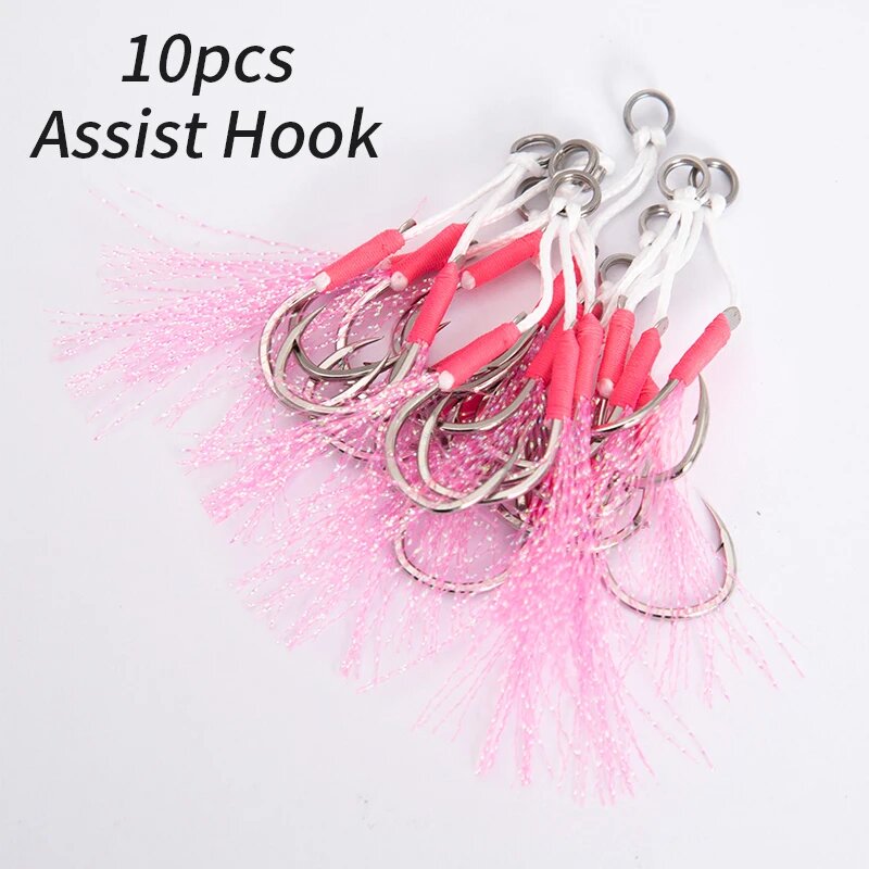 10 шт./компл, металлический джиг-приспособление, рыболовный крючок, розовый двойной рыболовный крючок, нить, перо, морской рыболовный крючок, медленная отсадка, рыболовные крючки для джиггинга