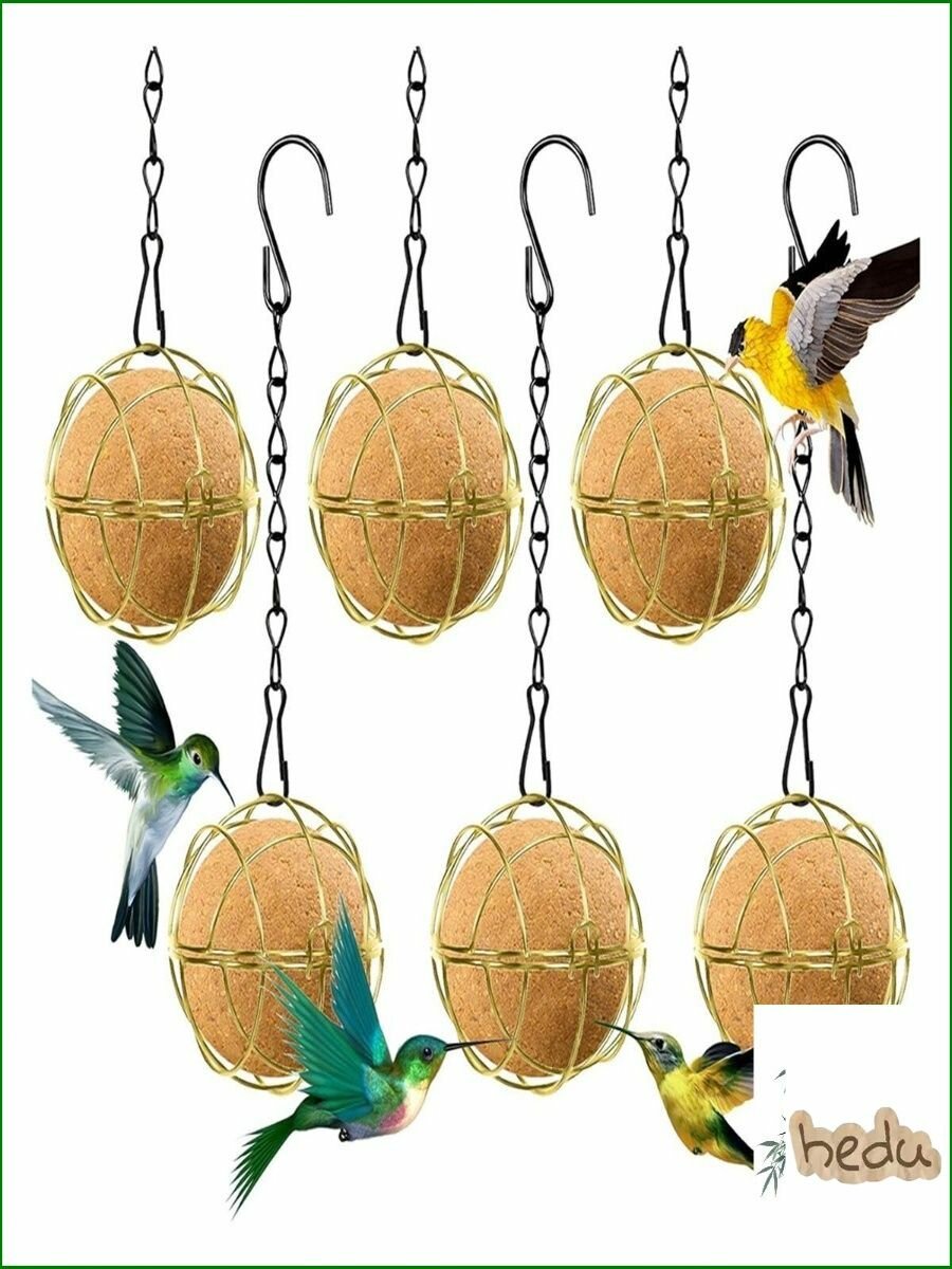 6 кормушек для птиц в форме шара, подвесные кормушки из сала, металлические, с крючками, круглая, золотистая