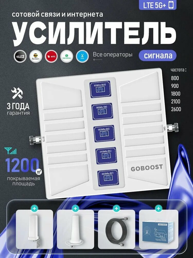 Усилитель сотовой связи и интернета. Репитер LTE GSM, 5G, 4G, 3G, 5-полосный GOBOOST, (2 антенна)