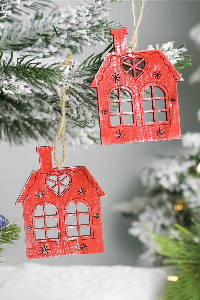 Набор деревянных ёлочных игрушек сердечный домик, красный, 9 см, 2 шт, Breitner 22-4846