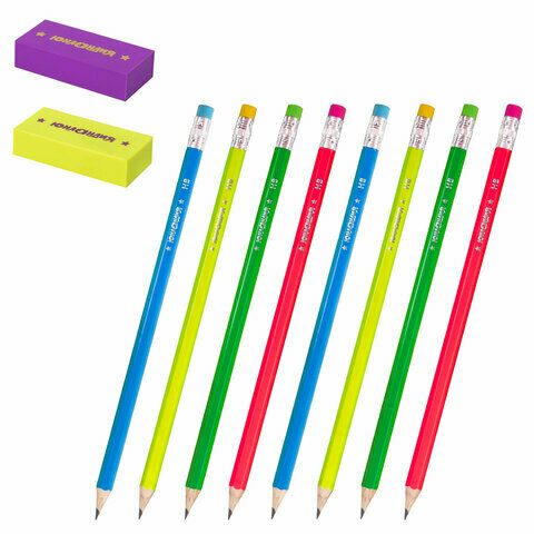 Набор юнландия «Неончики»8 карандашей чернографитных HB + 2 ластикаблистер181783