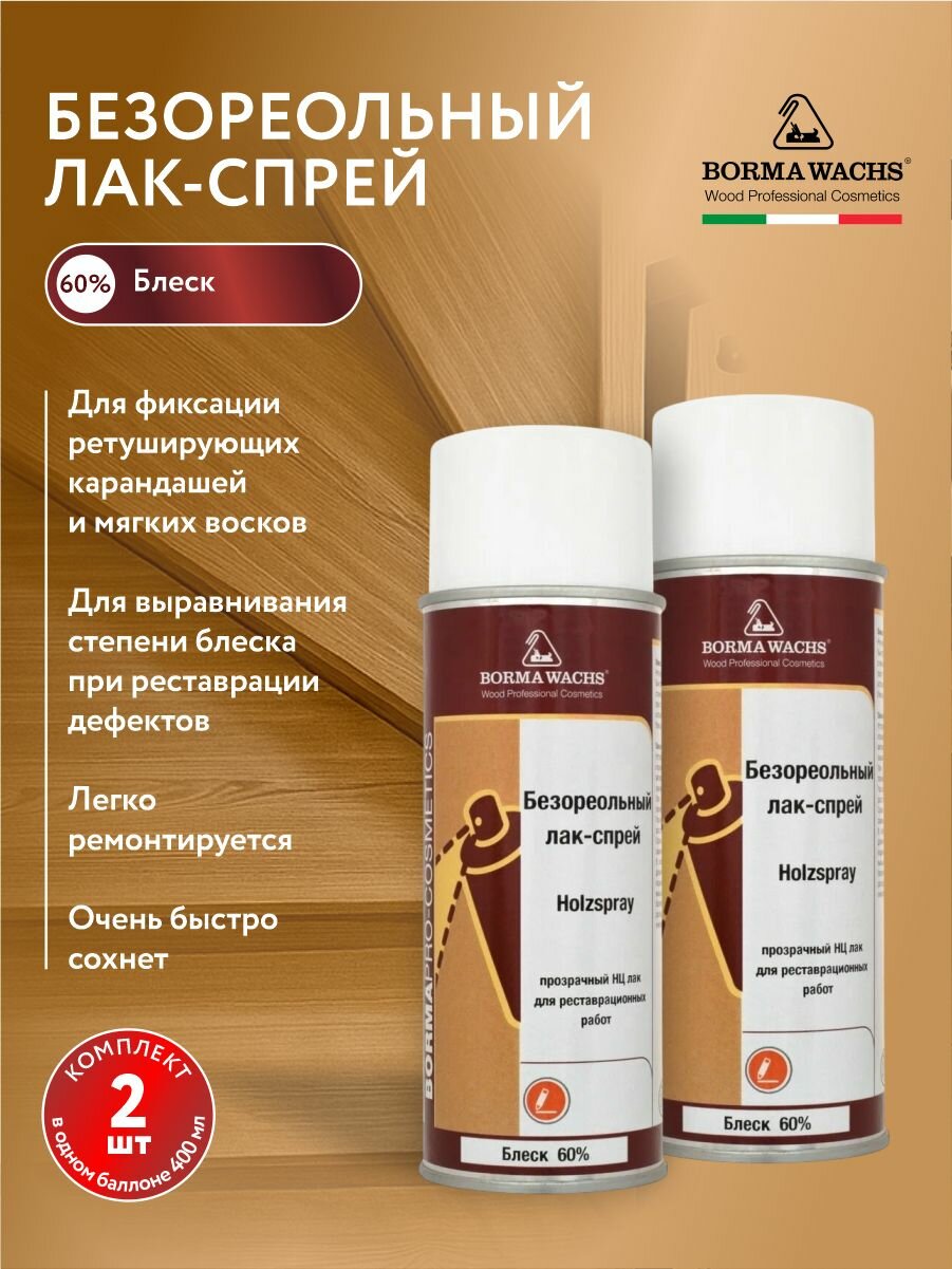 Лак спрей для реставрационных работ НЦ Holzspray 60% блеск 400 мл, 2 шт
