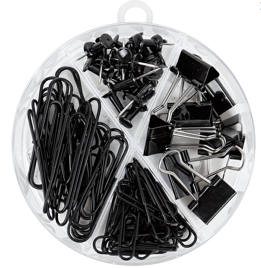 Набор канцелярский Darvish, скрепки 50 и 33 мм, зажимы 19 мм, кнопки, черный, в пластиковой коробке