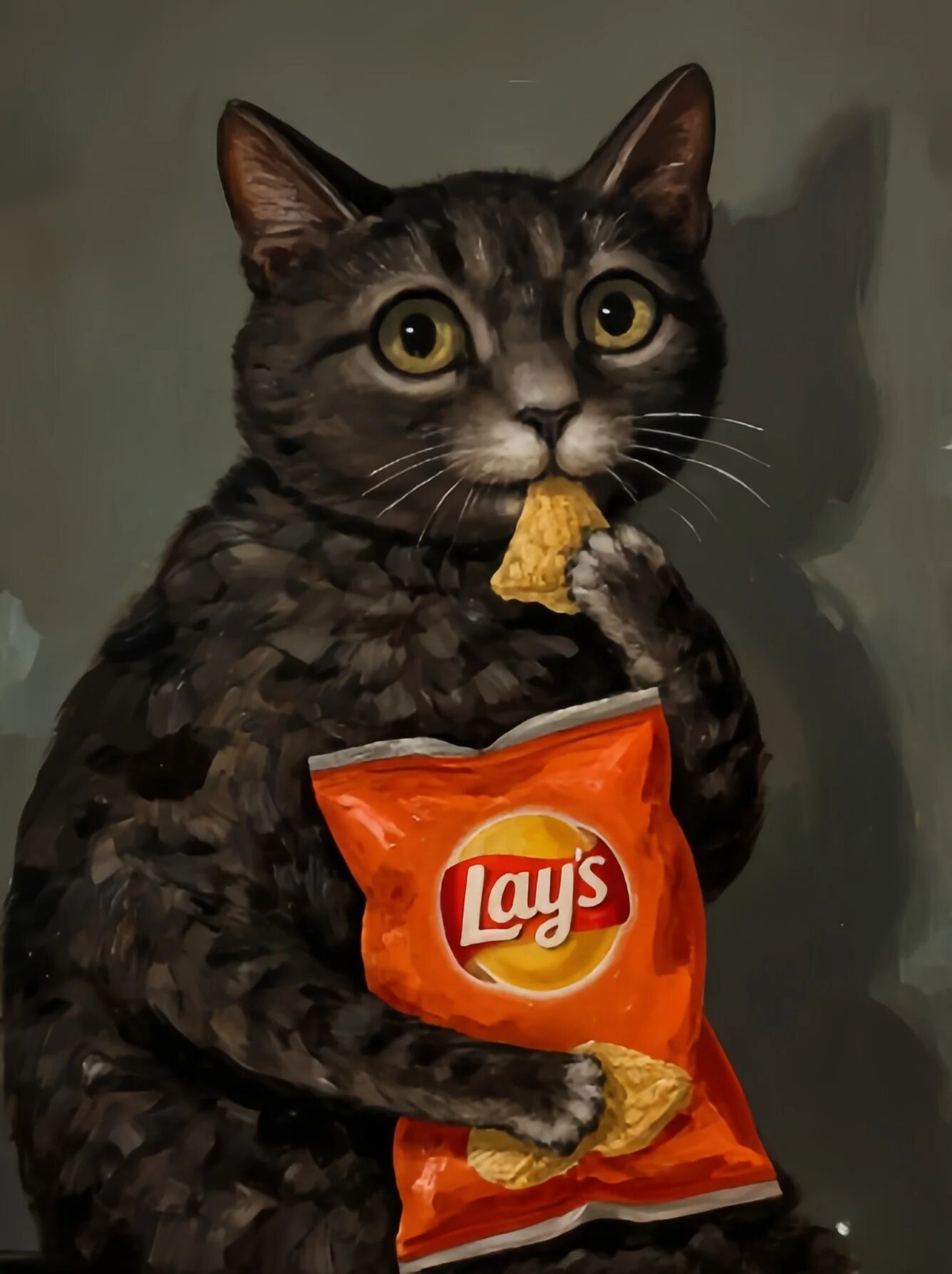 Живопись "Кот с чипсами Lay's", холст, 20x30 см, Глубокий синий