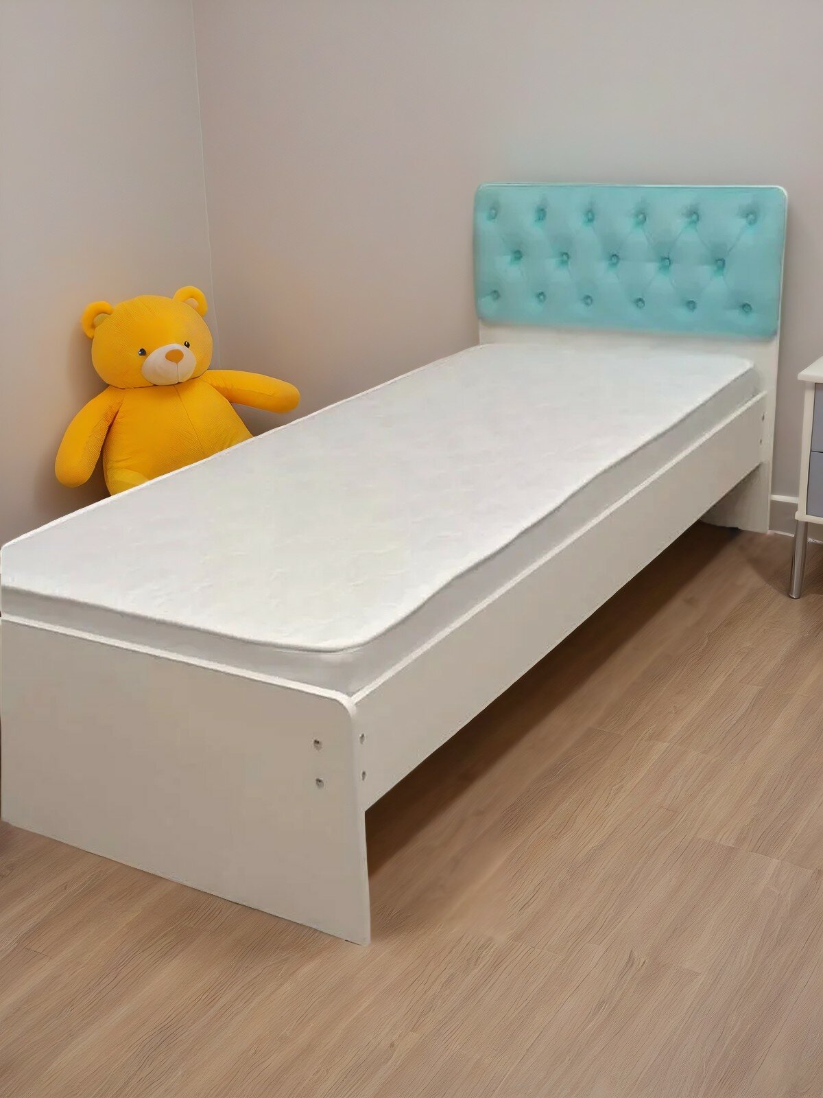 Кровать детская с мягкой спинкой Софа, 160х80 см, бирюзовый, в каретной стяжке