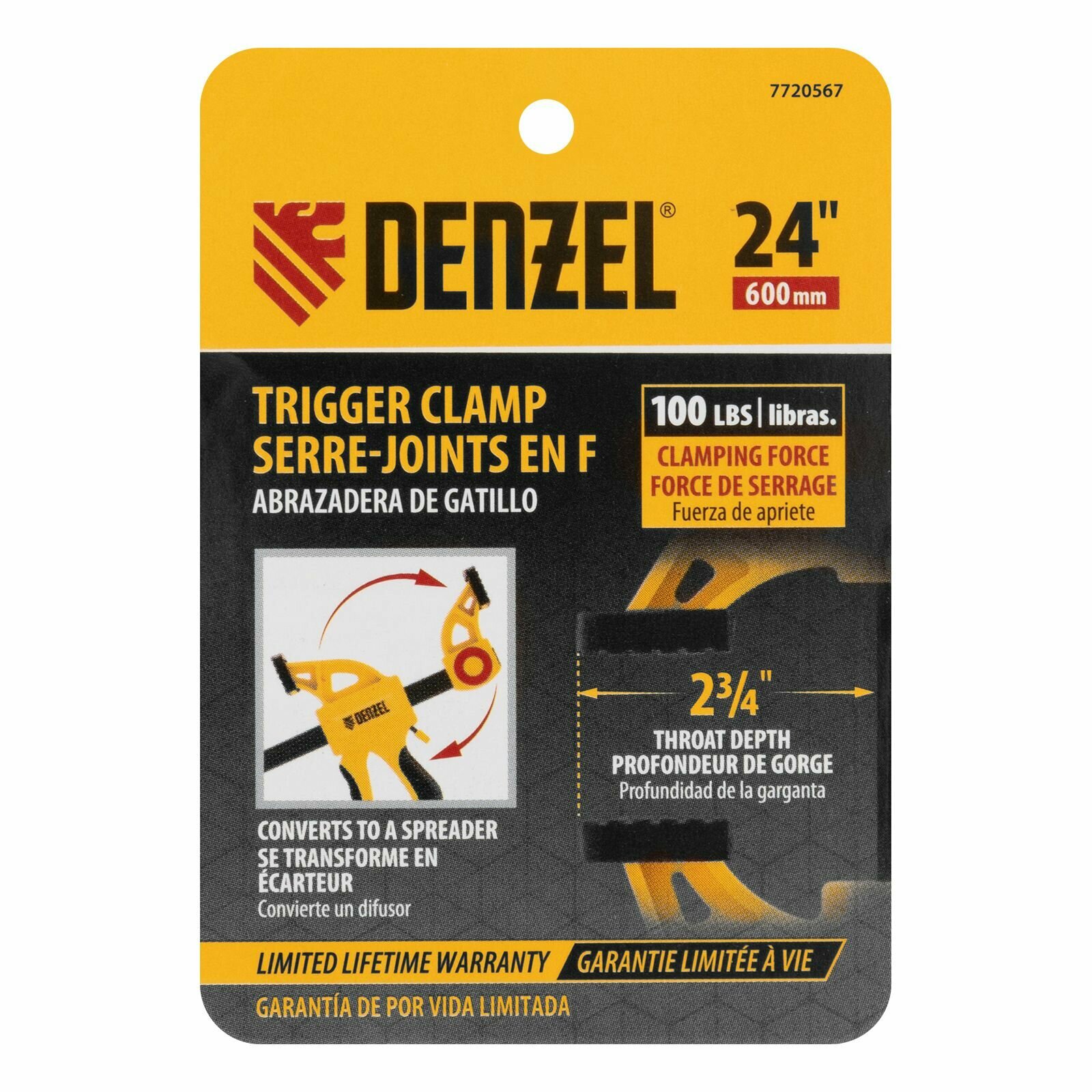 Струбцина F-образная быстрозаж. 24x2 3/4 600х70мм пласт. корпусфиксатордвухк. рук-ка Denzel, 7720567