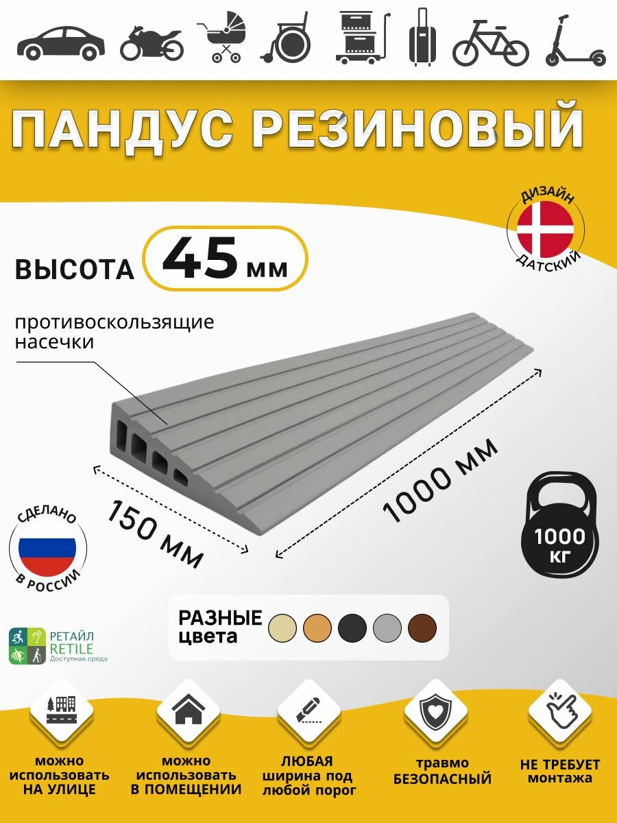 Пандус резиновый рубеж для порогов высотой 4,5 см (45х1000х150 мм), серый, для колясок, склада и автомобилей