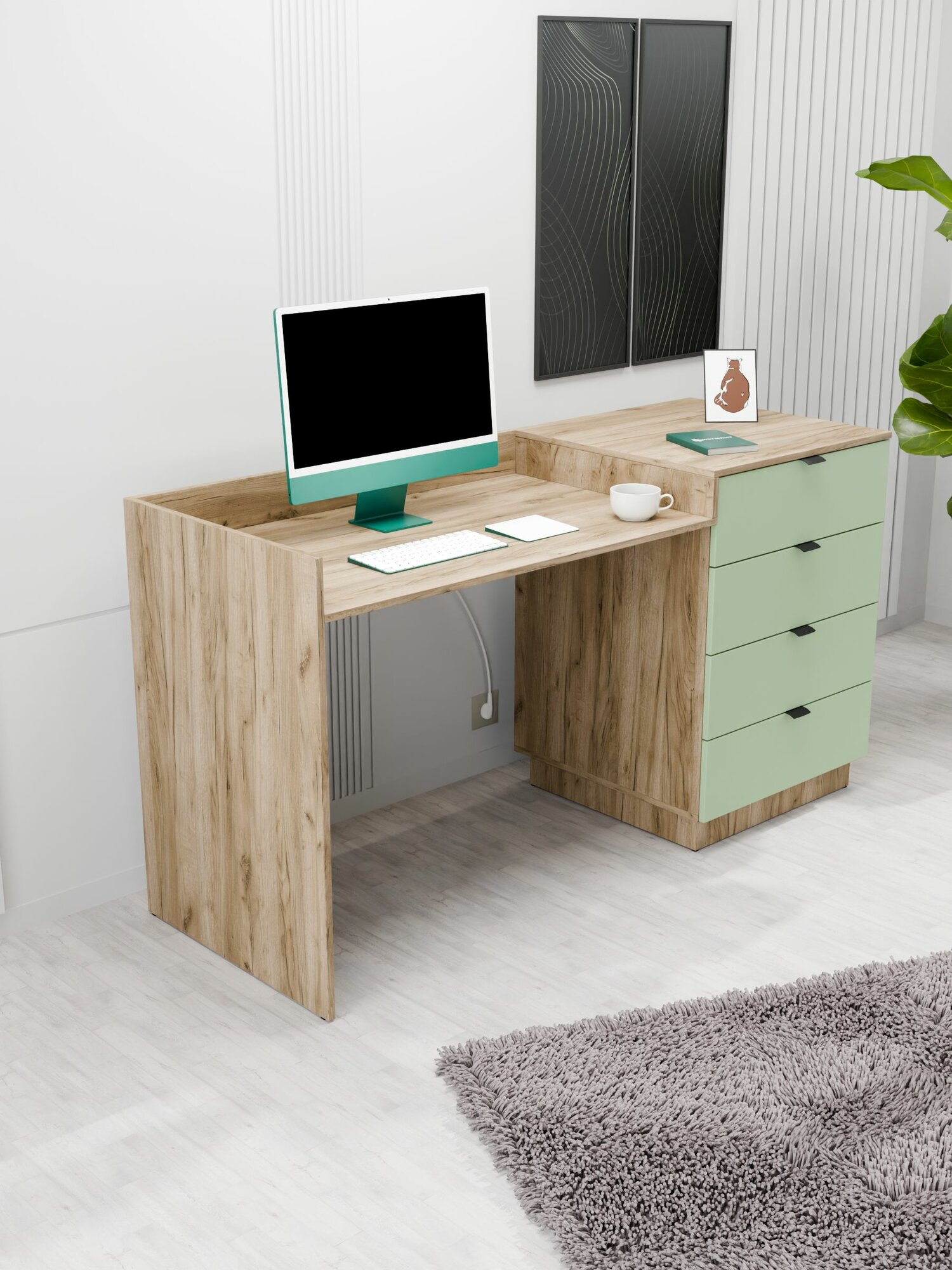 Изумлит Стол письменный для офиса и дома Бридж 163.2х86.6х60 см, дуб крафт серый - мятный