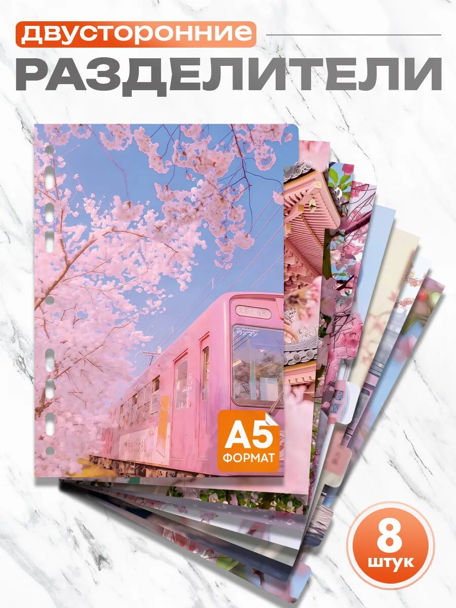 Разделители для тетради на кольцах а5 Сакура, набор 8 шт, формат А5