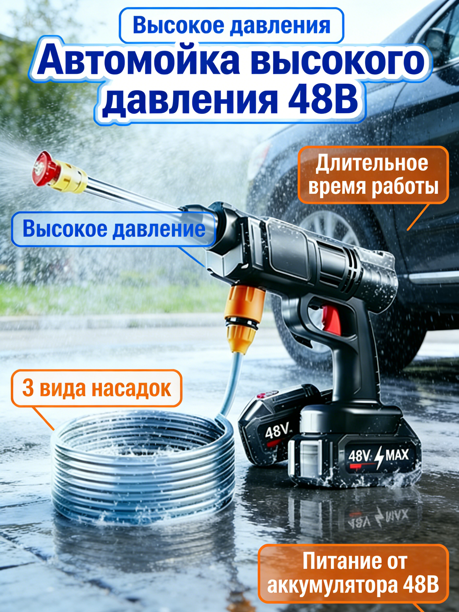 Аккумуляторная автомойка высокого давления с кейсом 2 аккумулятора. Минимойка