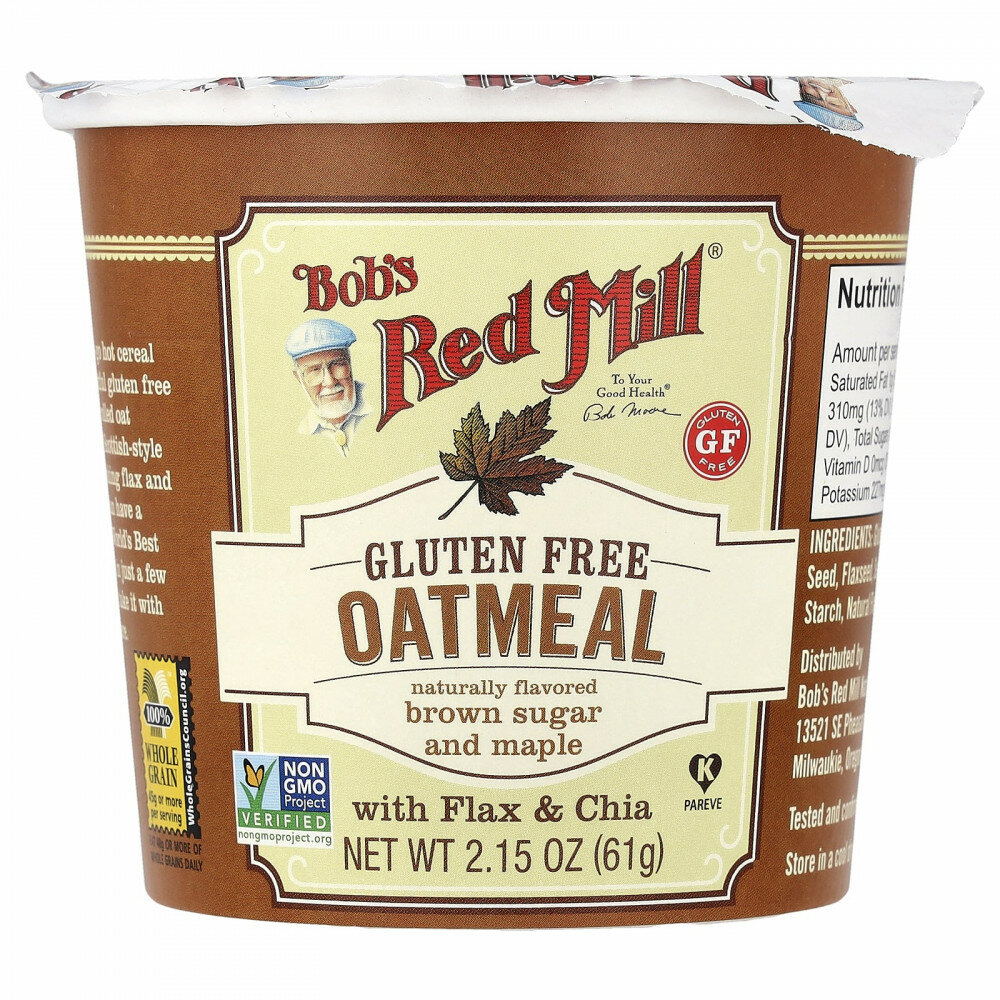 Bob's Red Mill, овсянка в чашке, с коричневым сахаром и кленовым сиропом, 61 г (2,15 унции)