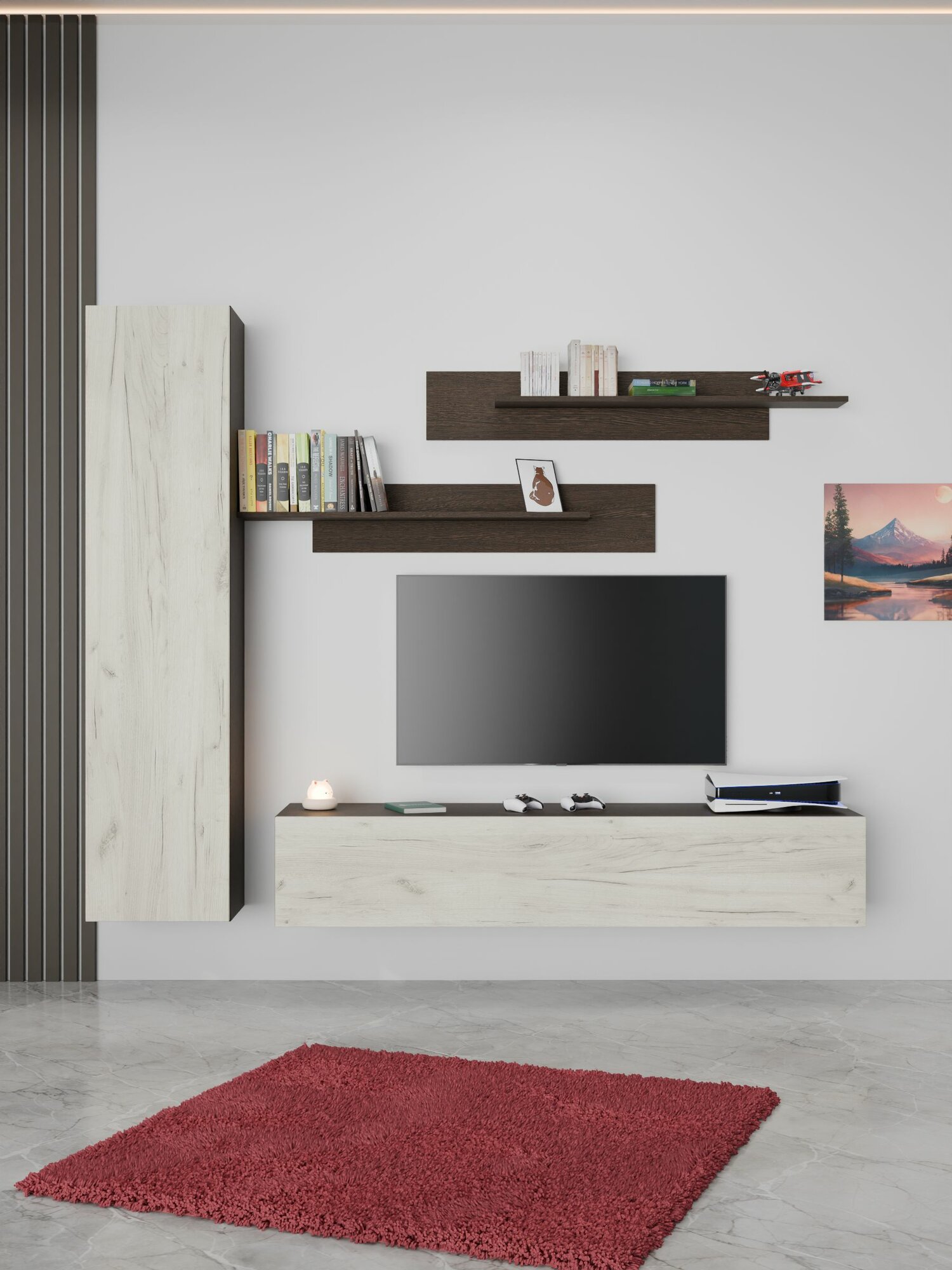 Стенка в гостиную, стенка для гостиной Флекс, подвесная 200х170х40 см (ШхВхГ), венге-дуб крафт белый