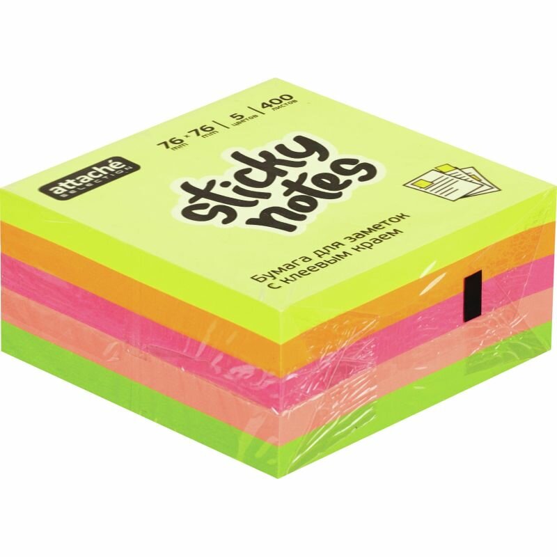 Блок бумаги с клеевым краем стикер 76х76мм 400 листов неон радуга