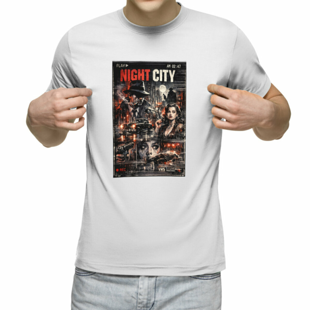 Мужская футболка «Night city в стиле нуар» (белый, L)