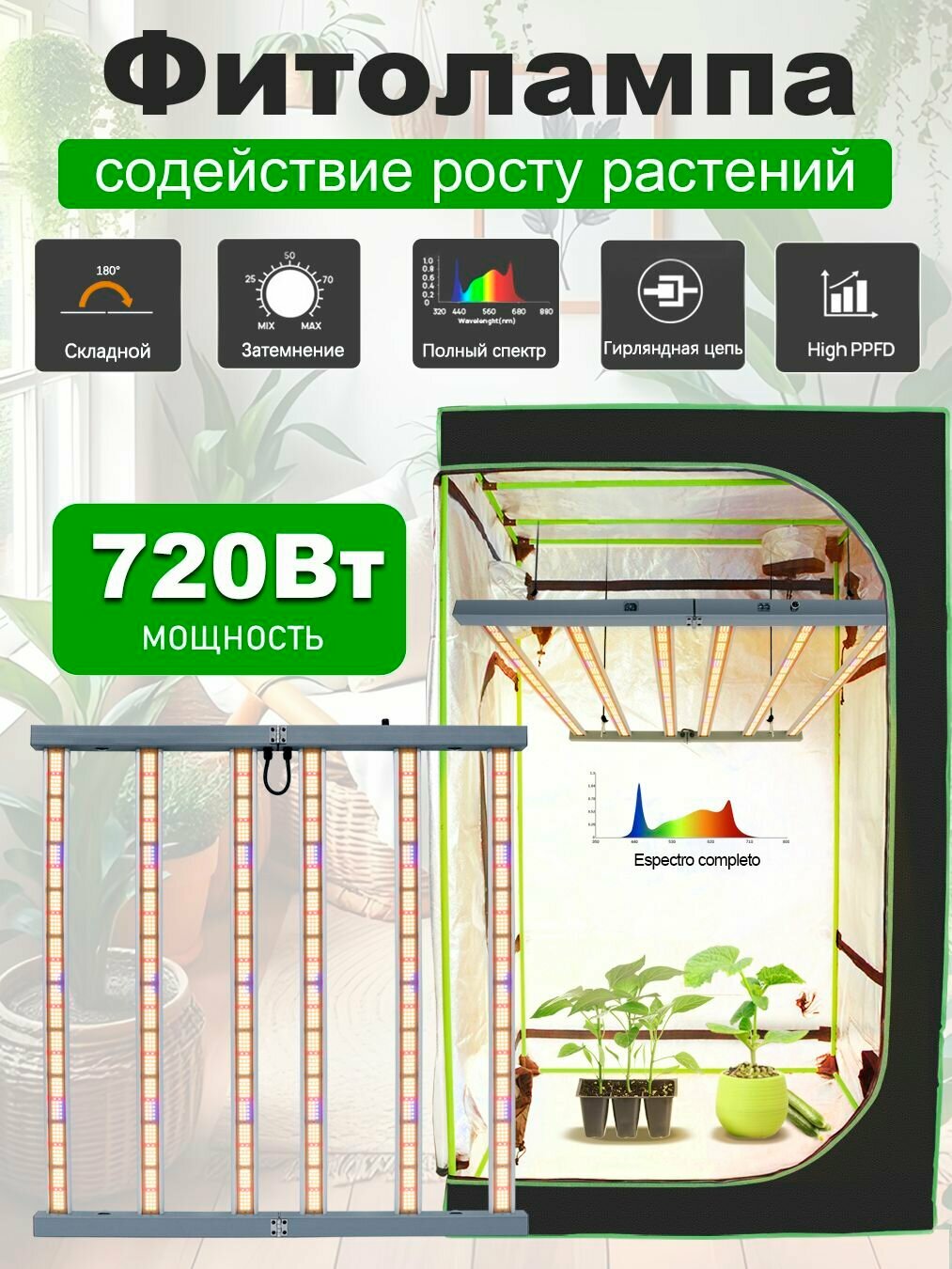 Фитолампа для растений полный спектр LM281B 720 Вт, УФ Диммируемый, Фитосветильник для растений, рассада, цветы, овощи